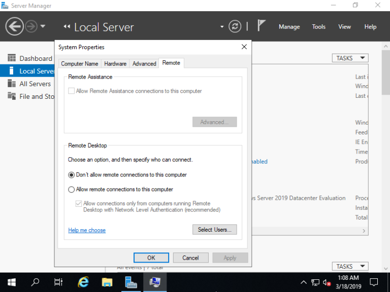 Kích hoạt Remote Desktop trên windows server 2019